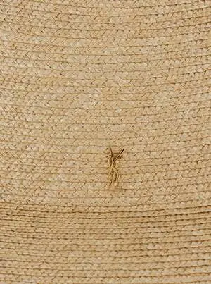 Saint Laurent Beige Straw Fedora Hat With Gold Cassandre Pin On The Front For