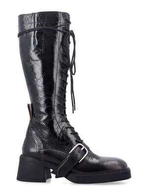 MIISTA Lace-up Knee-high Boot With Buckle Strap - Nero