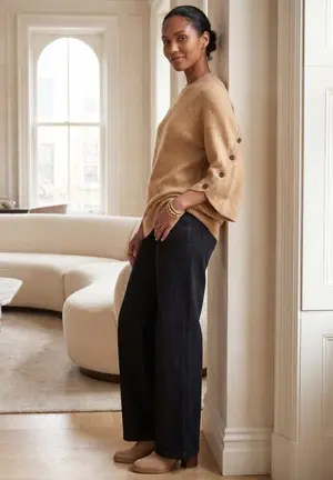 JESSICA LONDON Button Cuff Bell Sleeve Sweater - Soft Camel