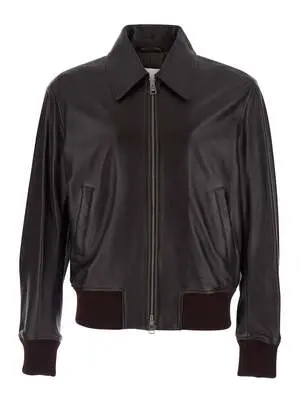 AMI Paris Brown Jacket With Classic Collar And Elasticated Trims In Leather For - Multicolor