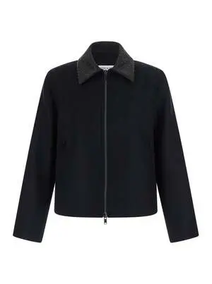 Bottega Veneta Black Jacket With Woven-design Collar And Front Zip Closure In Wool - Multicolor
