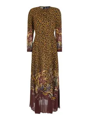 Etro Brown Long Dress With All-over Animalier Motif In Tech Fabric - Multicolor