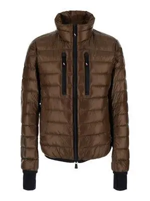 Moncler Hers' Down Jacket With High Neck And Logo Patch On The Sleeve In Tech Fabric - Brown