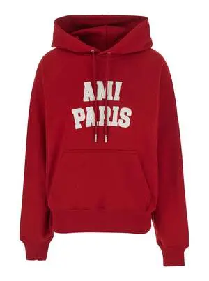 AMI Paris Red Hoodie With Drawstring Hood And Maxi Logo Lettering On The Front In Cotton For - Multicolor