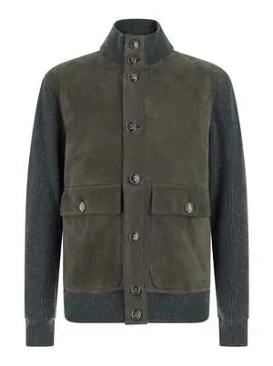Brunello Cucinelli Gray High-neck Jacket With Jewel Buttons And Ribbed Inserts In Suede For - Multicolor