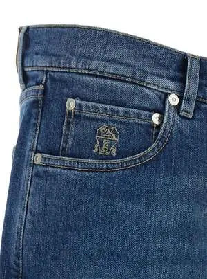 Brunello Cucinelli Blue Jeans With Logo Embroidery On The Front And Logo Patch On The Back In Denim For - Multicolor
