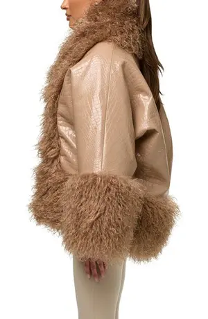 Naked Wardrobe Croc Embossed Faux Leather & Faux Fur Cocoon Coat