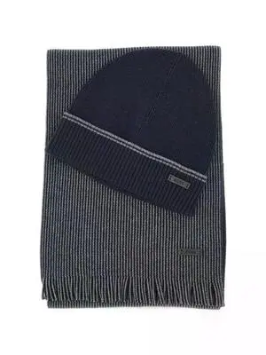 BOSS Ribbed Hat And Striped Scarf Set - Blue