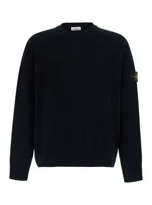 Stone Island Black Crew Neck Sweater With Logo Patch On The Sleeve In Wool Blend - Multicolor