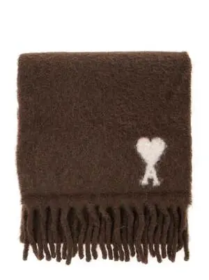 AMI Paris Brown Fringed Scarf With Adc Embroidery On The Front In Alpaca For - Multicolor