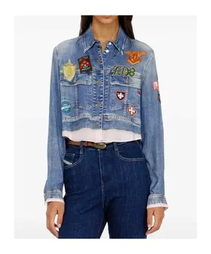 DIESEL® Cropped Satin Shirt With Trompe-loeil Denim Print