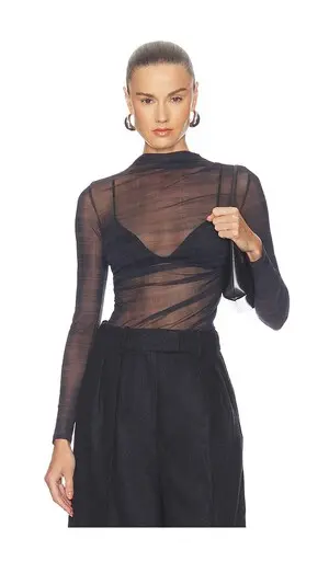 Enza Costa Mesh Longsleeve Twist Top In Grey - Shadow Plaid
