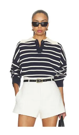 ALL THE WAYS Clydie Polo Sweater In Multi - Navy Stripe