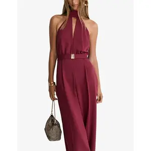 REISS Jodie Halterneck Belted-waist Stretch-woven Jumpsuit