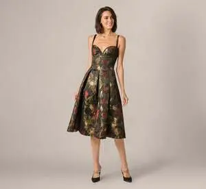 Aidan Mattox Floral Jacquard Sweetheart Tea Length Dress - Black Multi