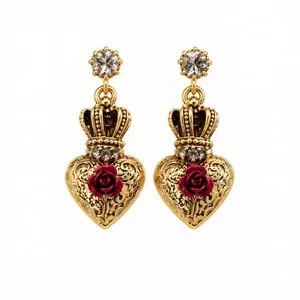 VSTYLE Crowned Sacred Heart Earrings With Red Roses - Gold