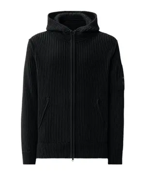 C.P. COMPANY Lambswool Hooded Lens Zip Sweater - Black