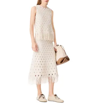 Maje Jovale Fringed Crochet Midi Skirt