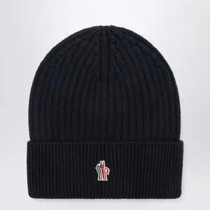 Moncler Ribbed Wool Beanie With Turn-up Brim Patch - Blue