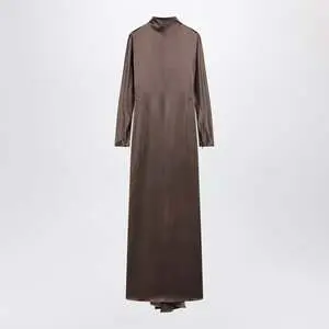 Max Mara Wolf Silk Satin Long Dress With High Neck And Kimono Sleeves