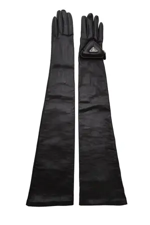 Prada Leather Pouch Long Gloves - Black
