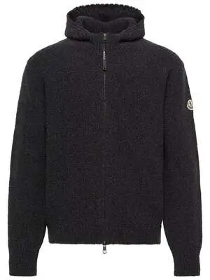 Moncler Felpa Con Zip E Cappuccio In Misto Lana Boucl - Black