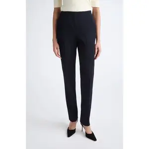 Emporio Armani Wool Canneté Rib Straight Leg Pants - Solid Medium Blue