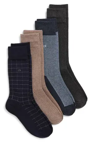 Calvin Klein 4-pack Textured Flat Knit Dress Crew Socks - Blue Multi