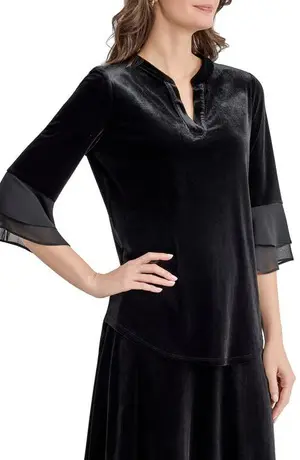 KASPER Split Neck Velvet Tunic With Flutter Sleeves