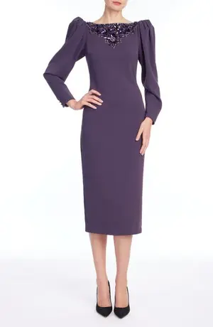 Badgley Mischka Beaded Bateau Neck Sheath Cocktail Dress