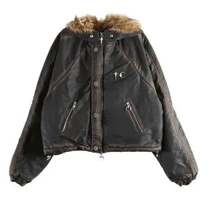 THUG CLUB Three Riding Skull Fur Hooded Jacket - Black