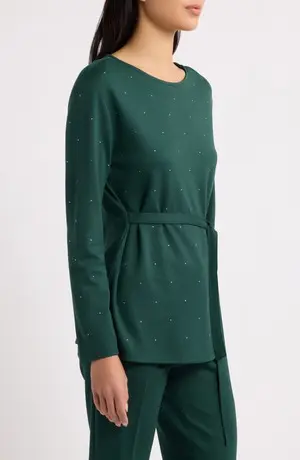 Anne Klein Belted Rhinestone Boat Neck Knit Top