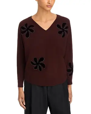 SIONI Flower Embellished V Neck Sweater - Choco Pudding