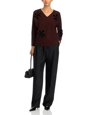 SIONI Flower Embellished V Neck Sweater