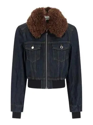 GANNI Denim Cropped Bomber Jacket With Zip Front And Elastic Hem