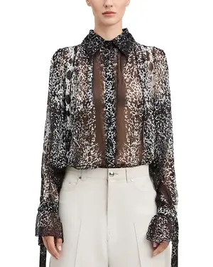 Derek Lam 10 Crosby Walker Abstract Animal Print Georgette Ruched Button Front Blouse