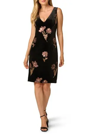 Adrianna Papell Sequin Floral V-neck Velvet Sheath Dress - Black/copper