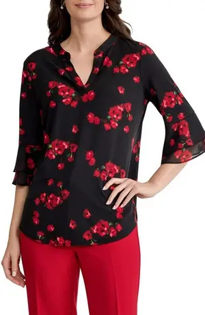 KASPER Floral Split Neck Flutter Sleeve Tunic