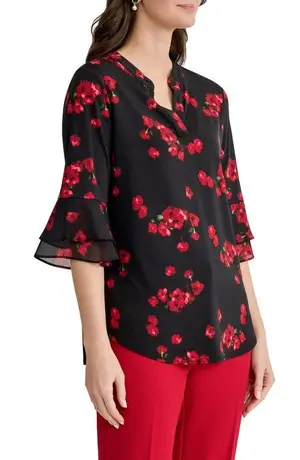 KASPER Floral Split Neck Flutter Sleeve Tunic