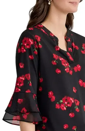 KASPER Floral Split Neck Flutter Sleeve Tunic