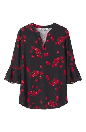 KASPER Floral Split Neck Flutter Sleeve Tunic