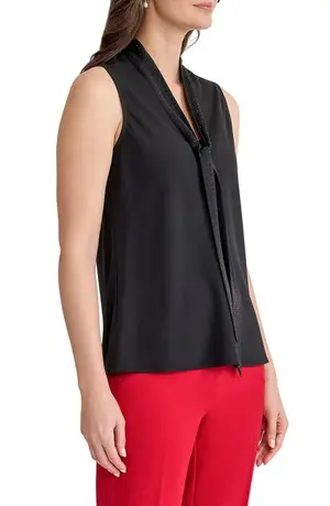KASPER Rhinestone Tie Neck Sleeveless Georgette Top