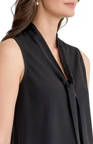 KASPER Rhinestone Tie Neck Sleeveless Georgette Top