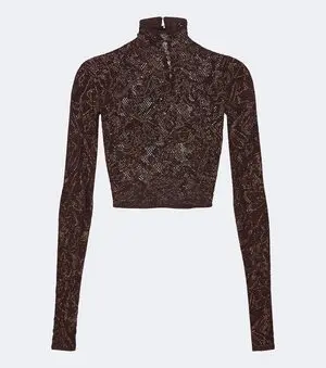Gucci Cropped Silk-blend Lace Turtleneck Top - Brown