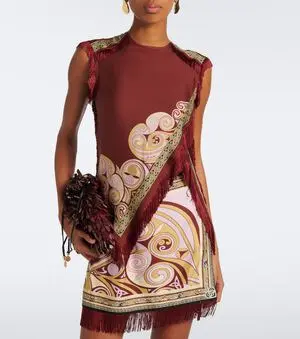 La DoubleJ Fringed Printed Silk Twill Scarf Top - Multicoloured