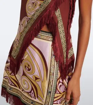La DoubleJ Fringed Printed Silk Twill Scarf Top - Multicoloured