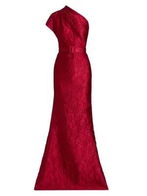 Badgley Mischka Floral Jacquard One-shoulder Belted Gown