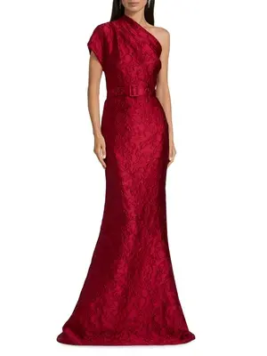 Badgley Mischka Floral Jacquard One-shoulder Belted Gown