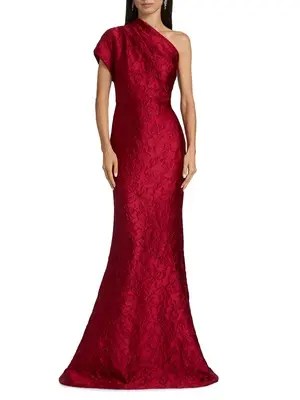 Badgley Mischka Floral Jacquard One-shoulder Belted Gown