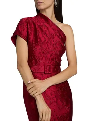 Badgley Mischka Floral Jacquard One-shoulder Belted Gown